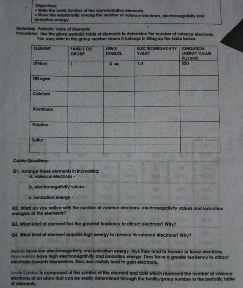 Solved: Objectives: Write the Lewls Symbol of the representative ...