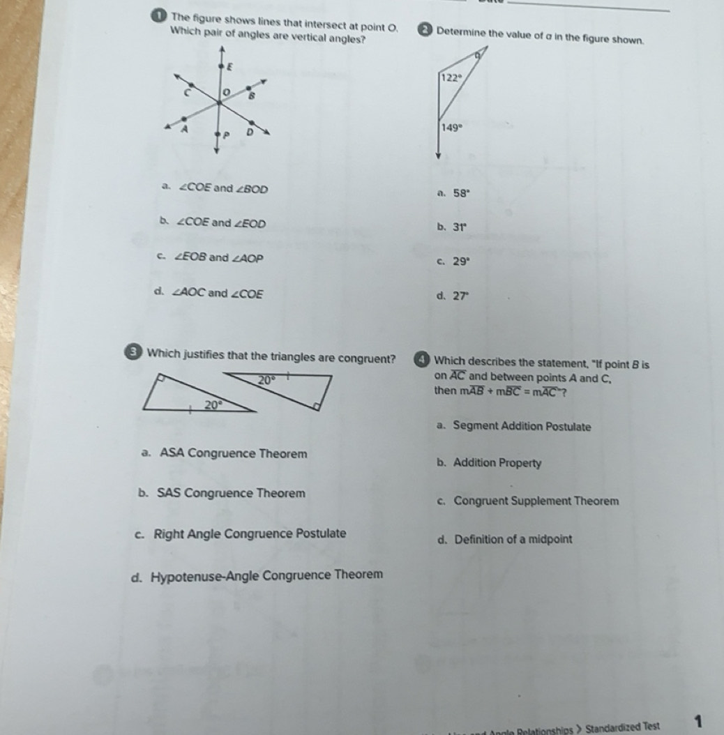 Solved: The figure shows lines that intersect at point O. Determine the ...