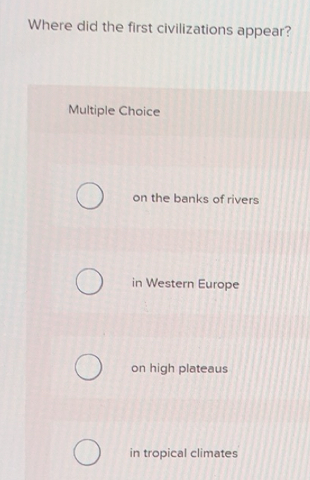 Solved: Where did the first civilizations appear? Multiple Choice on ...