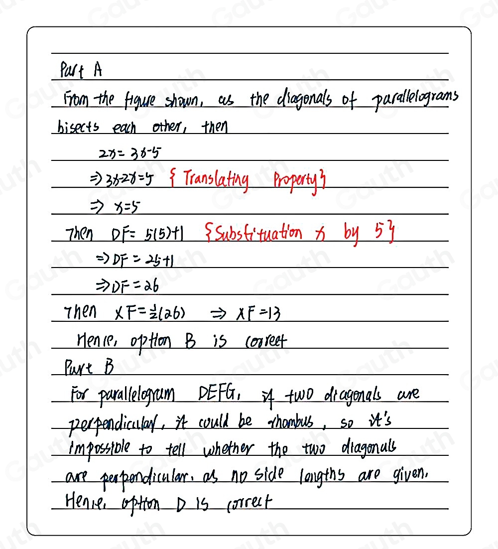 Solved: Given parallelogram DEFG, if DF=5x+1 , what is XF? A 10 B 13 C ...