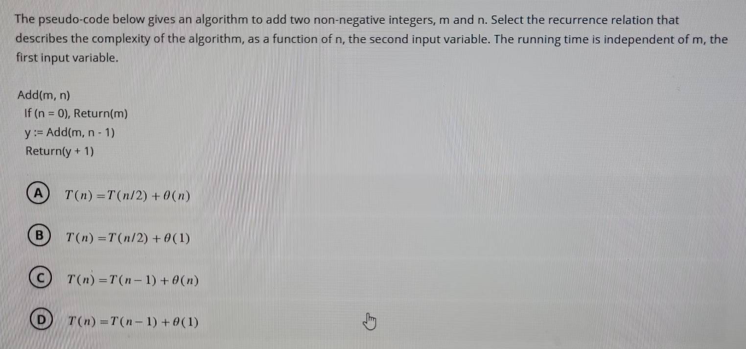 Solved: The pseudo-code below gives an algorithm to add two non ...