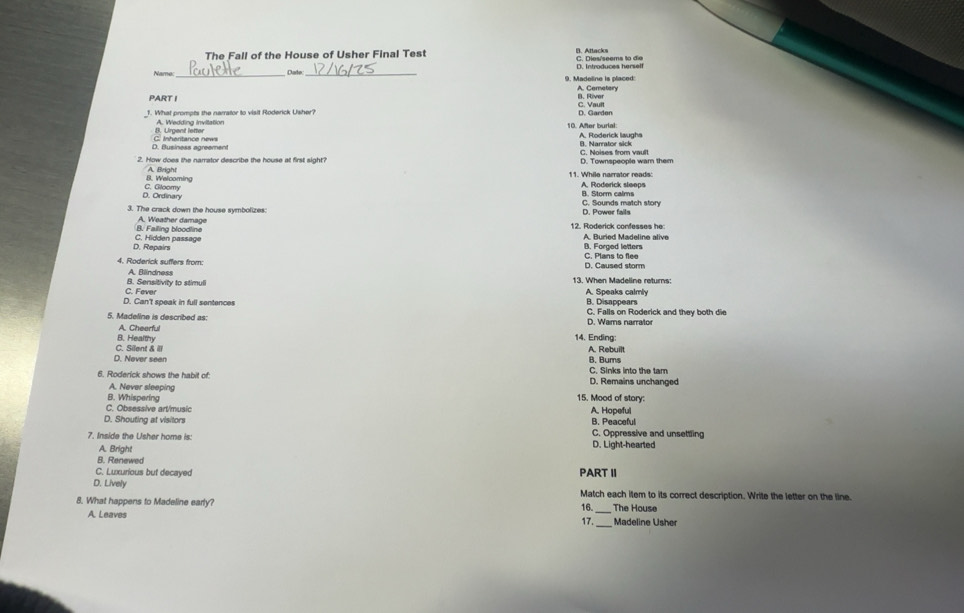 Solved: The Fall of the House of Usher Final Test C. Dies'seems to die ...