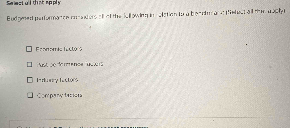 Solved: Select all that apply Budgeted performance considers all of the following in relation to ...