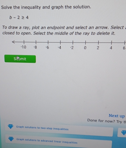 Solved: Solve the inequality and graph the solution. b-2≥ 4 To draw a ...