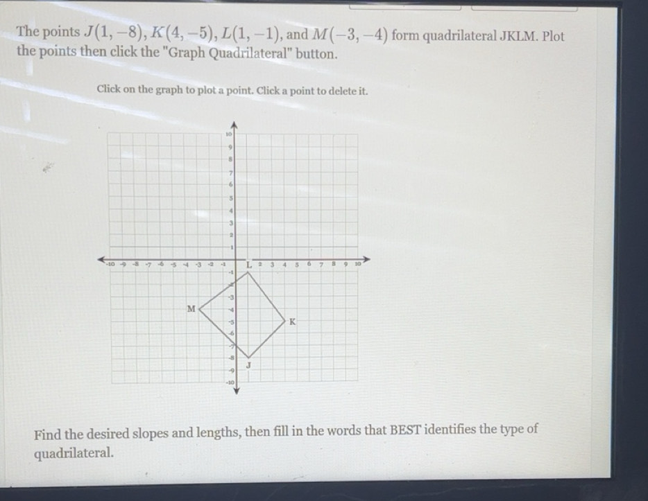 Solved: The points J(1,-8), K(4,-5), L(1,-1) , and M(-3,-4) form ...