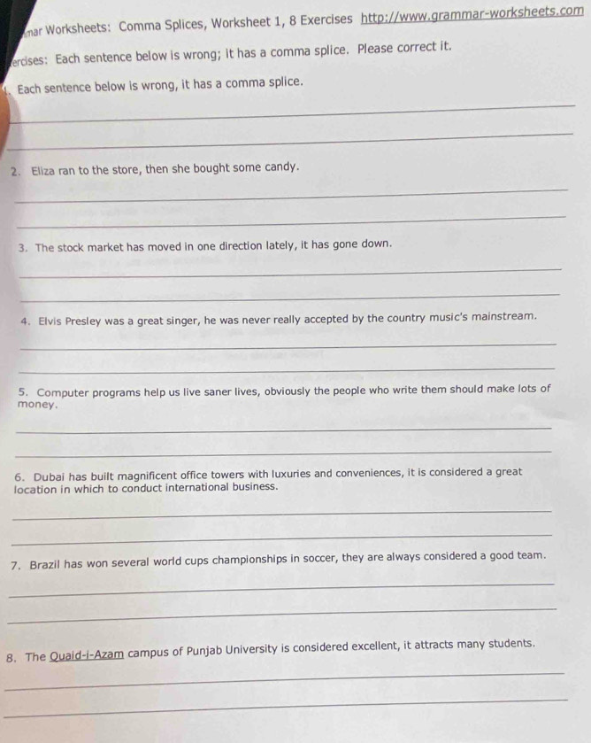 Solved: mar Worksheets: Comma Splices, Worksheet 1, 8 Exercises http ...