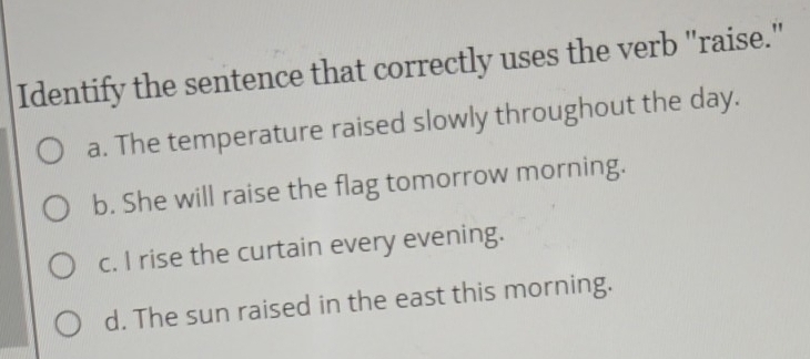 Solved: Identify the sentence that correctly uses the verb "raise." a ...