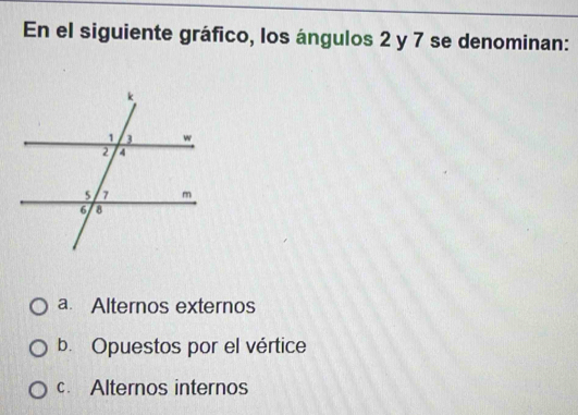 Solved: En el siguiente gráfico, los ángulos 2 y 7 se denominan: a ...