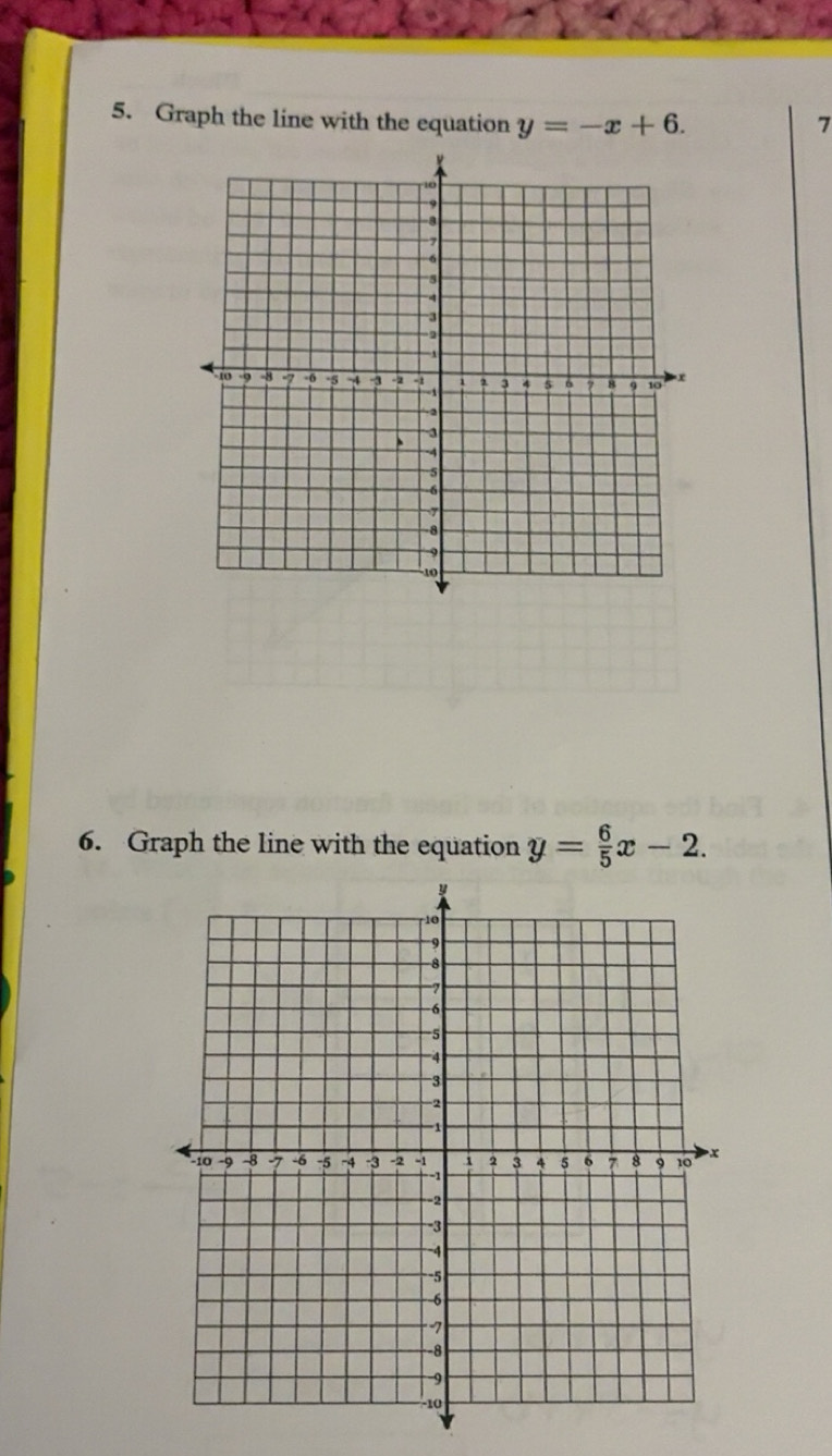Solved: Graph the line with the equation y=-x+6. 7 6. Graph the line ...