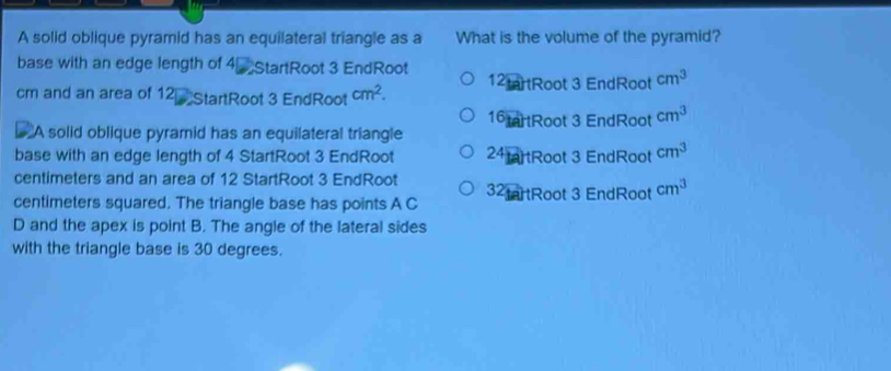 Solved: A solid oblique pyramid has an equilateral triangle as a What ...