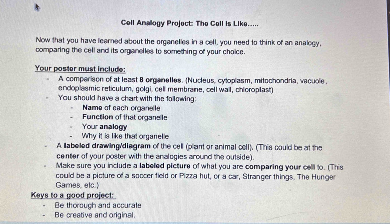 Solved: Cell Analogy Project: The Cell is Like..... Now that you have ...