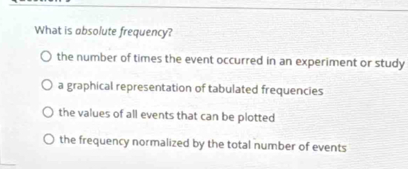 Solved: What is absolute frequency? the number of times the event ...