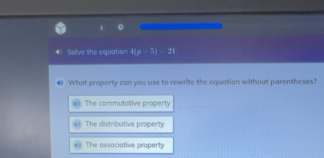Solved: Solve the equation 4(p-5)-21. € What property can you use to ...