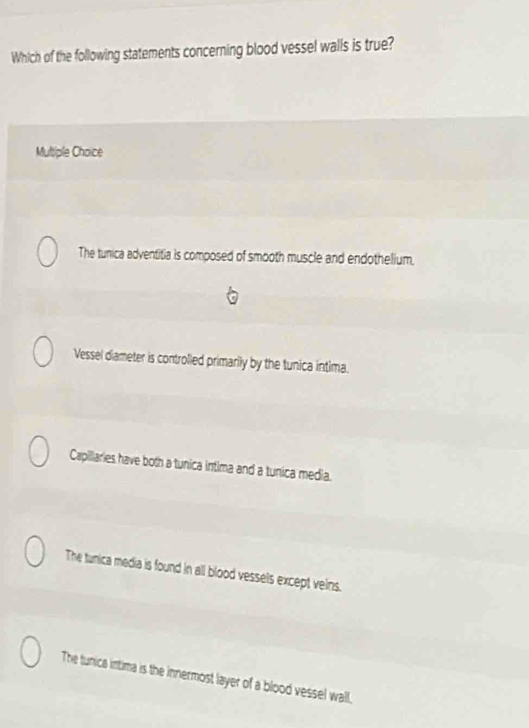 Solved: Which of the following statements concerning blood vessel walls is true? Multiple Choice ...