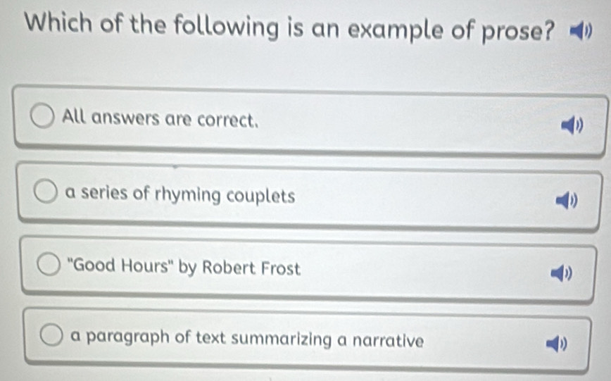 Solved: Which of the following is an example of prose? All answers are ...
