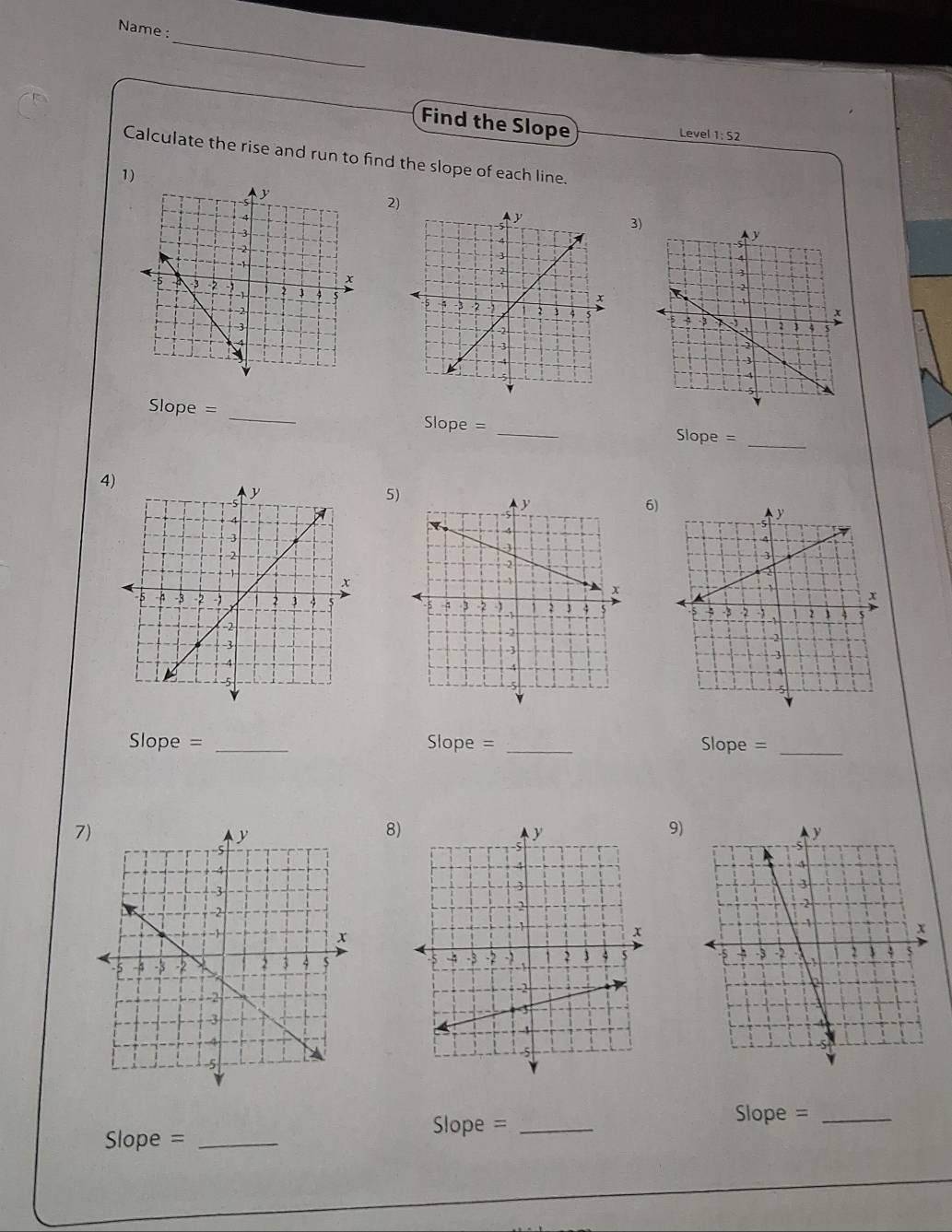 Solved: Name : Find the Slope Level 1: S2 Calculate the rise and run to ...