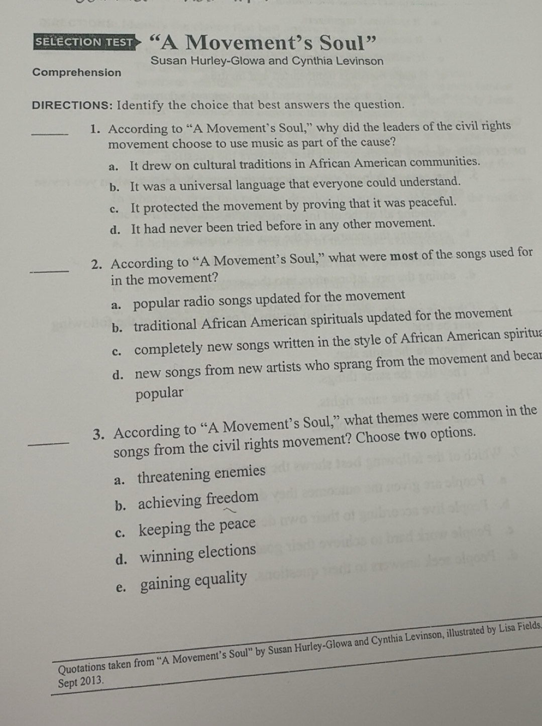 Solved: SELECTION TEST “A Movement’s Soul” Susan Hurley-Glowa and ...