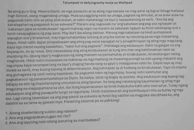 Solved: Talumpati ni defyingravity mula sa Wattpad Sa ating guro Gng ...