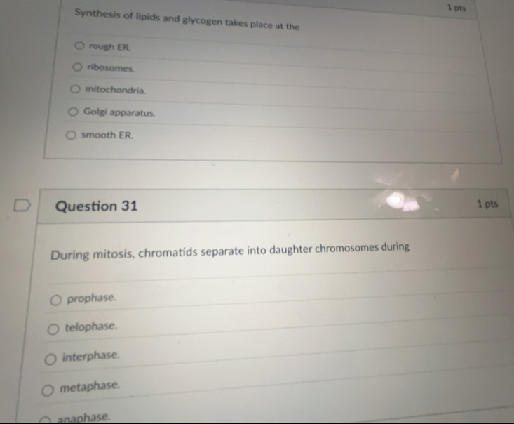 Solved: Synthesis of lipids and glycogen takes place at the rough ER ...