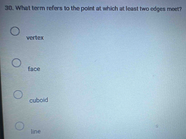 Solved: What term refers to the point at which at least two edges meet ...
