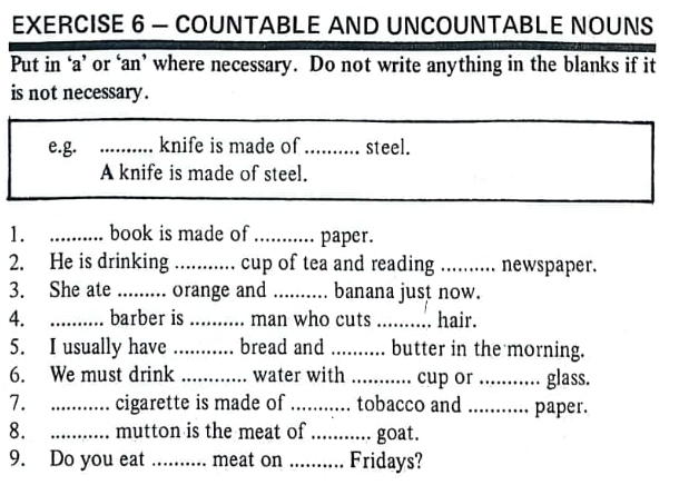 Selesai:COUNTABLE AND UNCOUNTABLE NOUNS Put in ‘a’ or ‘an’ where ...