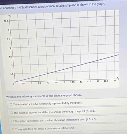 Solved: equation y=4.5x describes a proportional relationship and is ...