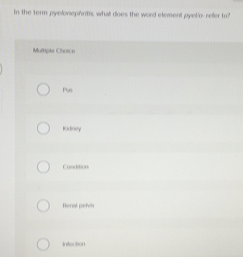 Solved: In the term pyelonephritis, what does the word element pyel/o ...