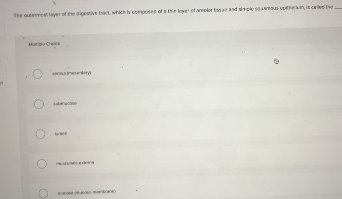 Solved: The outermost layer of the digestive tract, which is composed ...