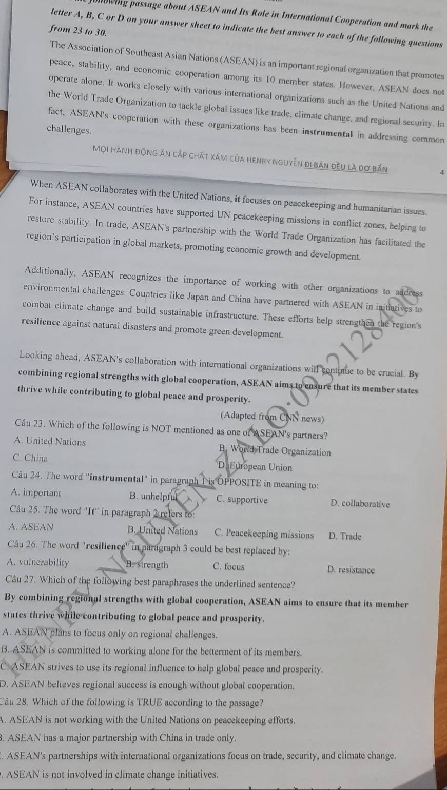 Giải quyết:nowing passage about ASEAN and Its Role in International ...