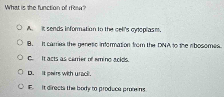 Solved: What is the function of rRna? A. It sends information to the ...