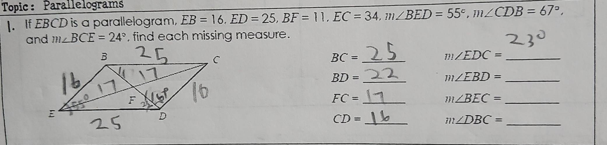 Solved: Topic: Parallelograms . If EBCD is a parallelogram, EB=16. ED ...