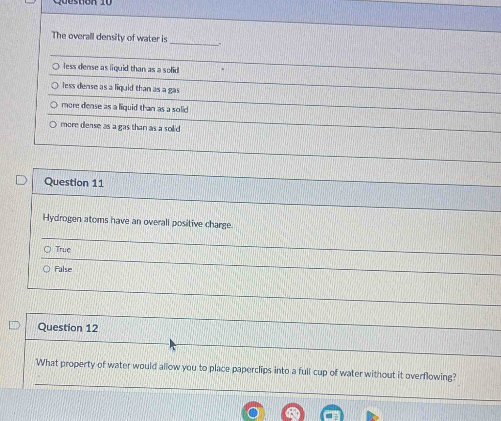 Solved: The overall density of water is . less dense as liquid than as ...