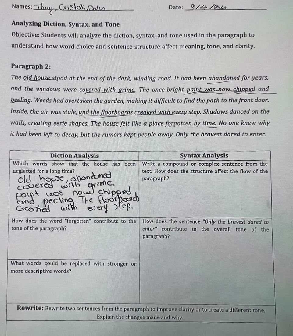 Solved: Names: _Date:_ Analyzing Diction, Syntax, and Tone Objective ...