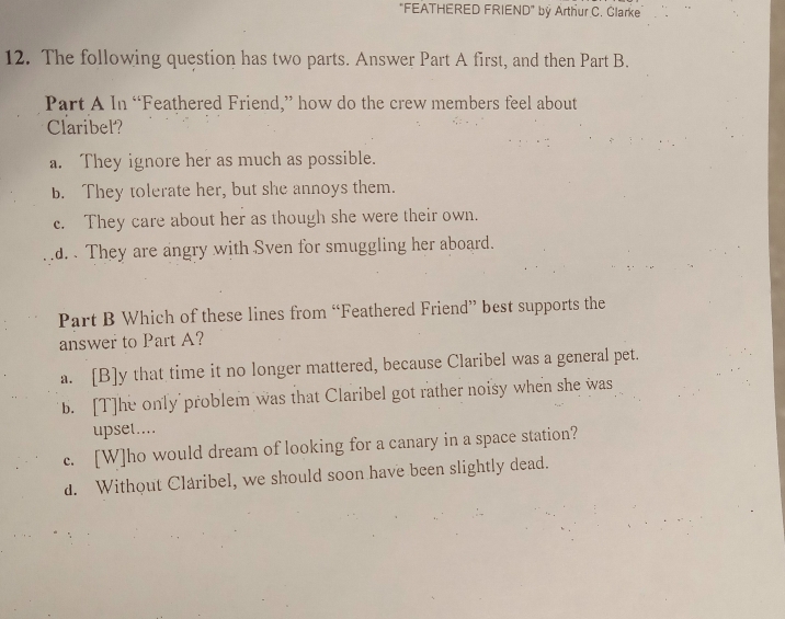 Solved: "FEATHERED FRIEND" by Arthur C. Clarke 12. The following ...