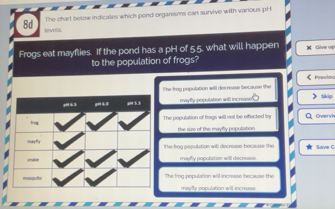 Solved: 8d The chart below indicates which pond organisms can survive ...