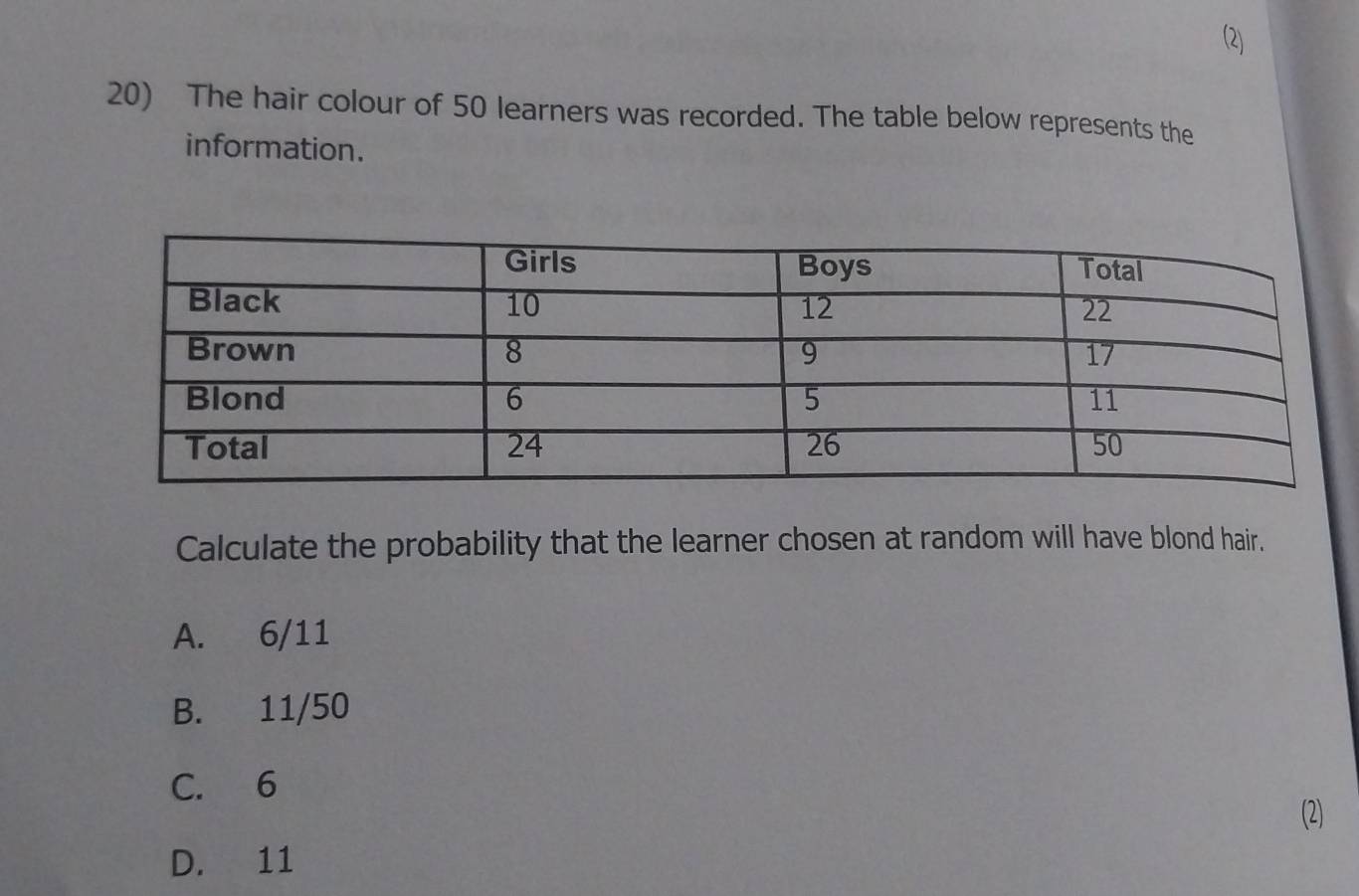 Solved: (2) 20) The hair colour of 50 learners was recorded. The table ...