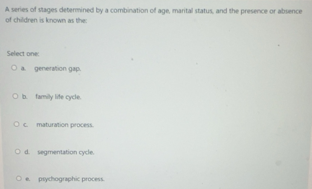 Solved: A series of stages determined by a combination of age, marital ...