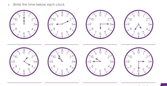Solved: Write the time below each clock. _ _ _ __ [Math]