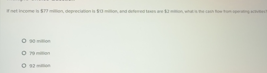 Solved: If net income is $77 million, depreciation is $13 million, and ...
