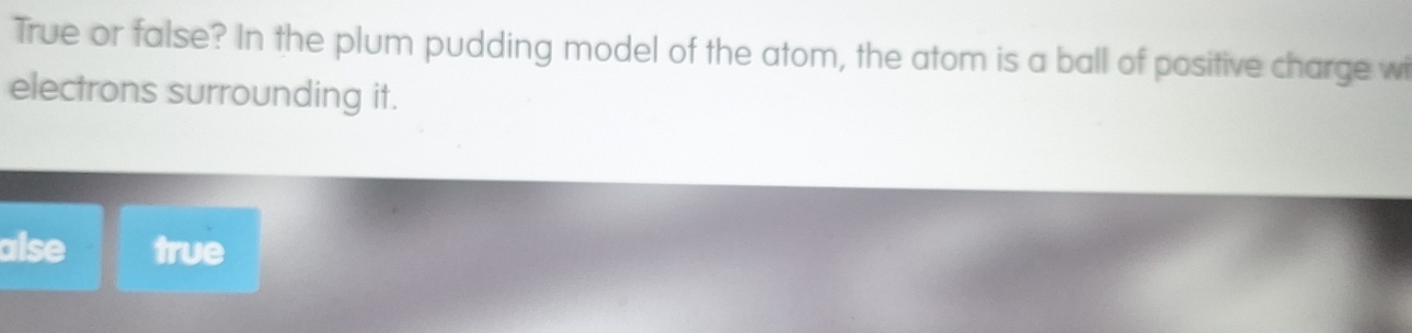 Solved: True or false? In the plum pudding model of the atom, the atom ...