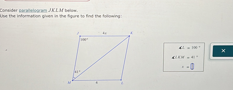 Resuelto:Consider parallelogram JKLM below. Use the information given ...