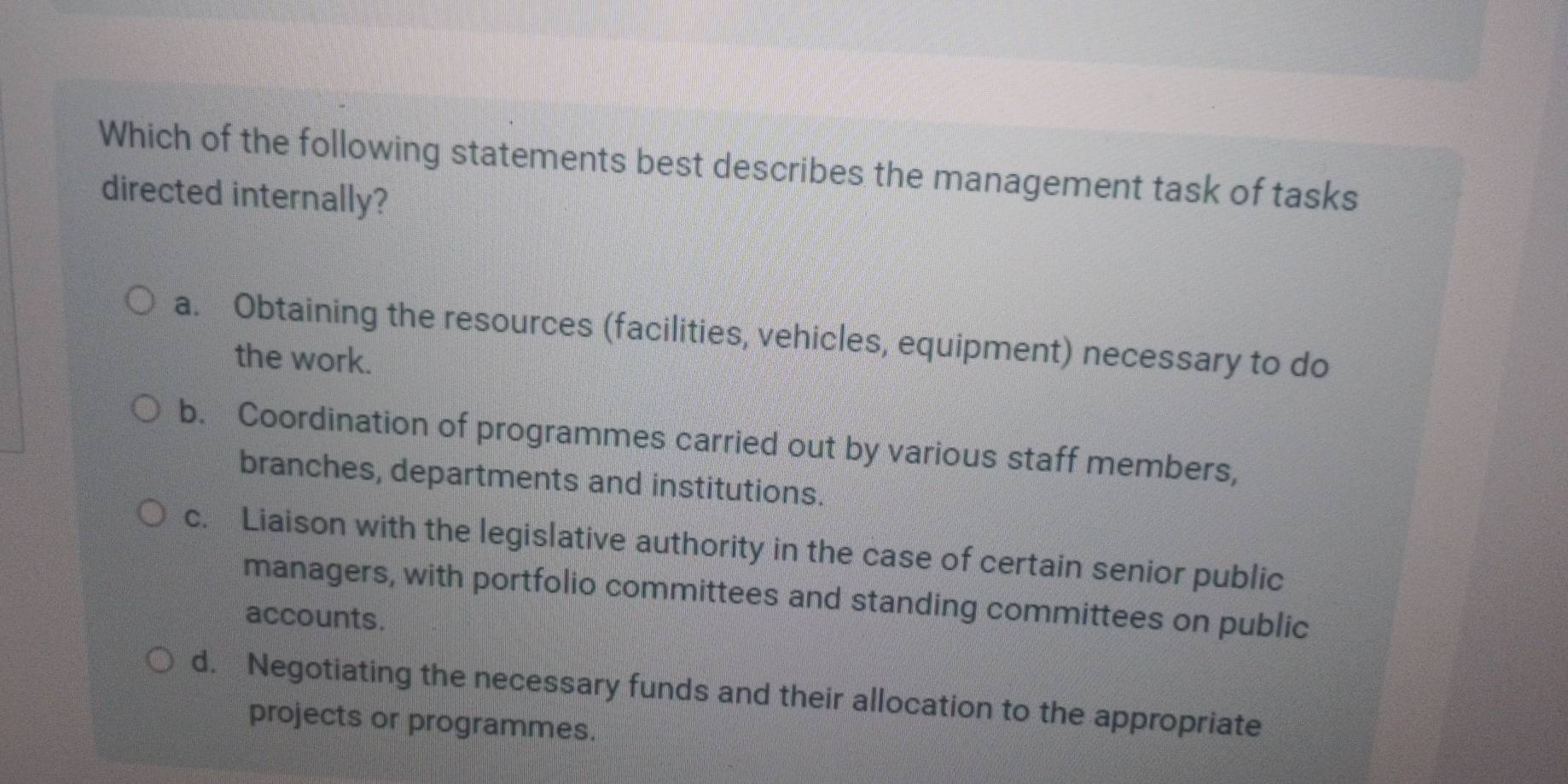 Solved: Which of the following statements best describes the management task of tasks directed ...