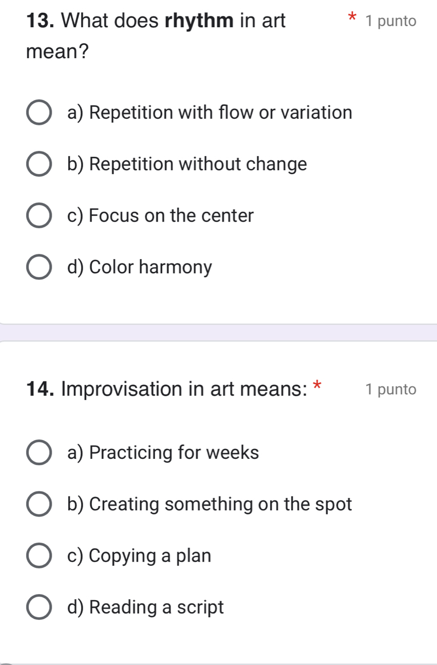 Solved: What does rhythm in art 1 punto mean? a) Repetition with flow ...