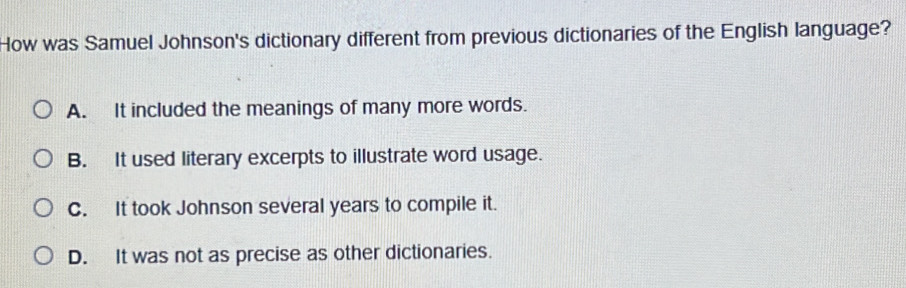 Solved: How was Samuel Johnson's dictionary different from previous ...