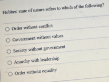 Solved: Hobbes' state of nature refers to which of the following? Order ...