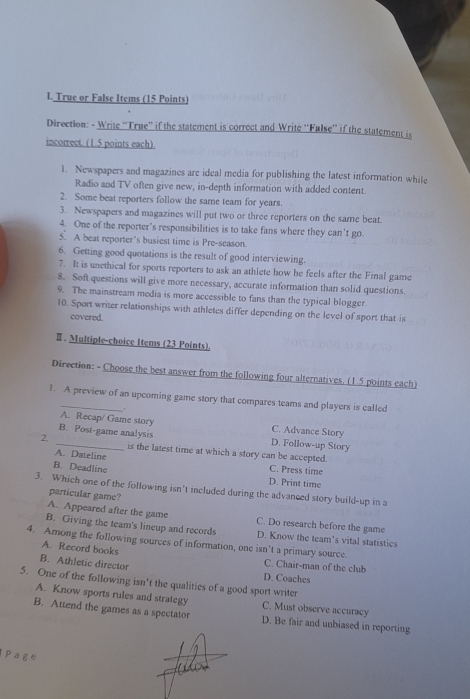 Solved: True or False Items (15 Points) Direction: - Write “True” if ...