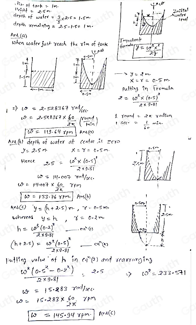 Solved: Situation = An open cylindrical tank one meter in diameter and 2.5 m high is 3/5 full of ...