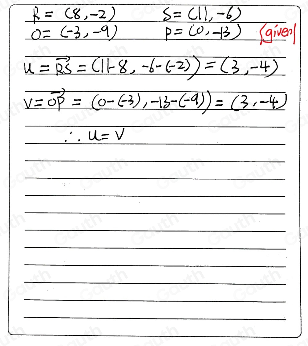 Solved: Vector u is represented by the directed line segment vector RS ...