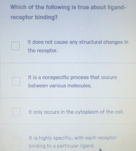 Solved: Which of the following is true about ligand- receptor binding ...