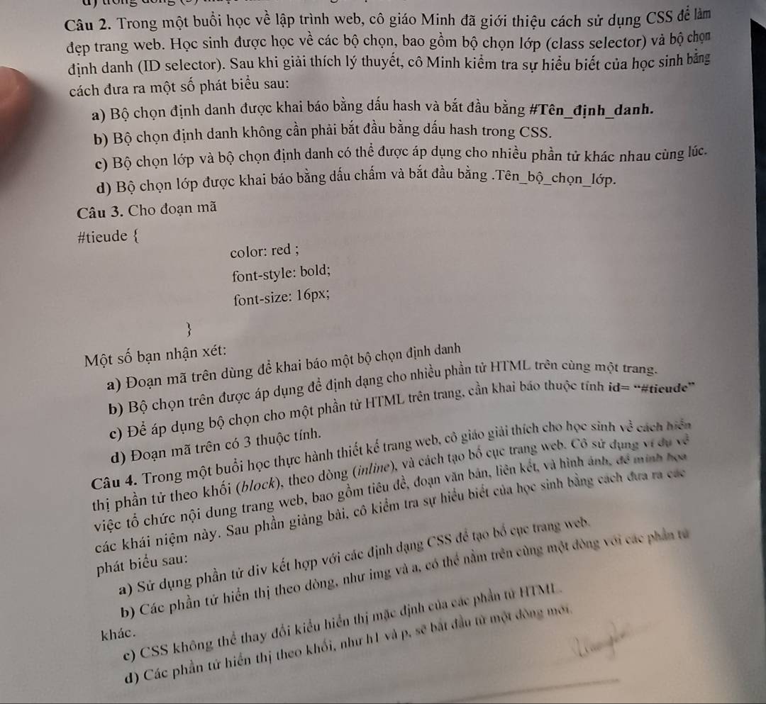 Giải quyết:Trong một buổi học về lập trình web, cô giáo Minh đã giới ...